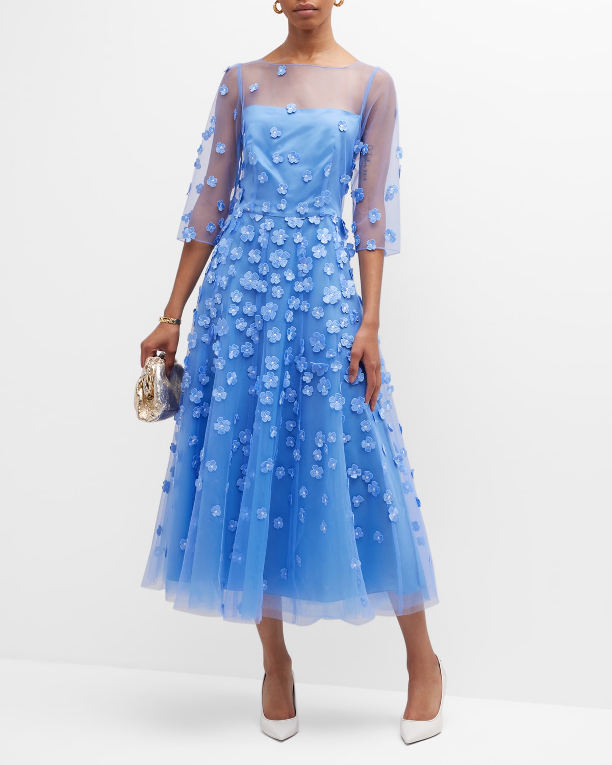 Maison Common Tulle Midi Dress with Floral Applique Details | Neiman Marcus