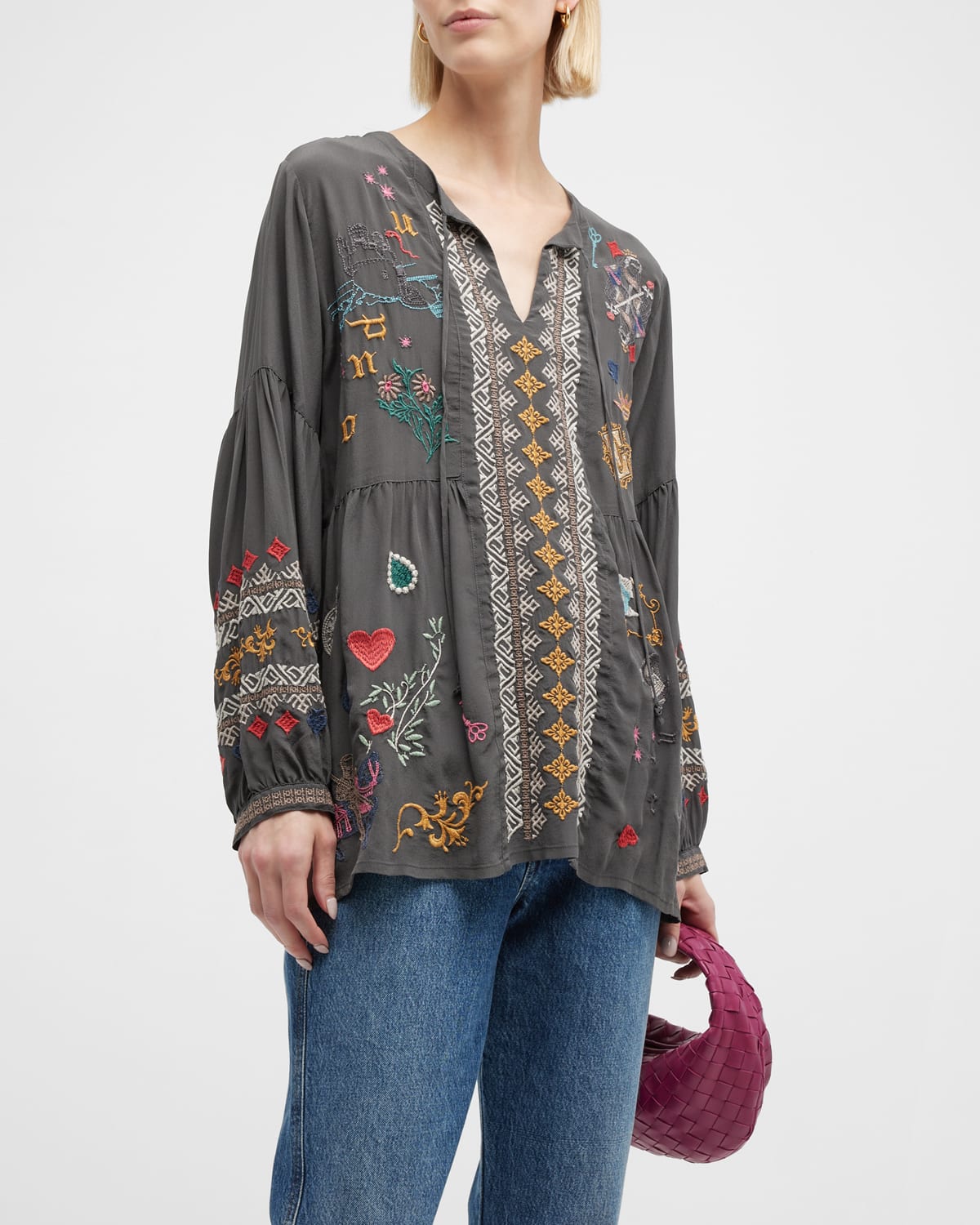 Johnny Was Paola Embroidered Blouson-Sleeve Blouse | Neiman Marcus