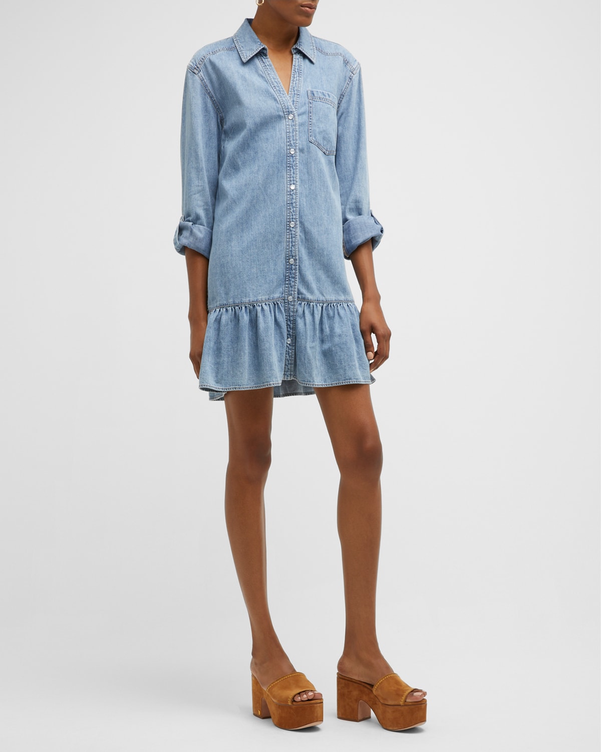 Veronica Beard Striped Button-Front Ruched Mini Shirtdress | Neiman Marcus