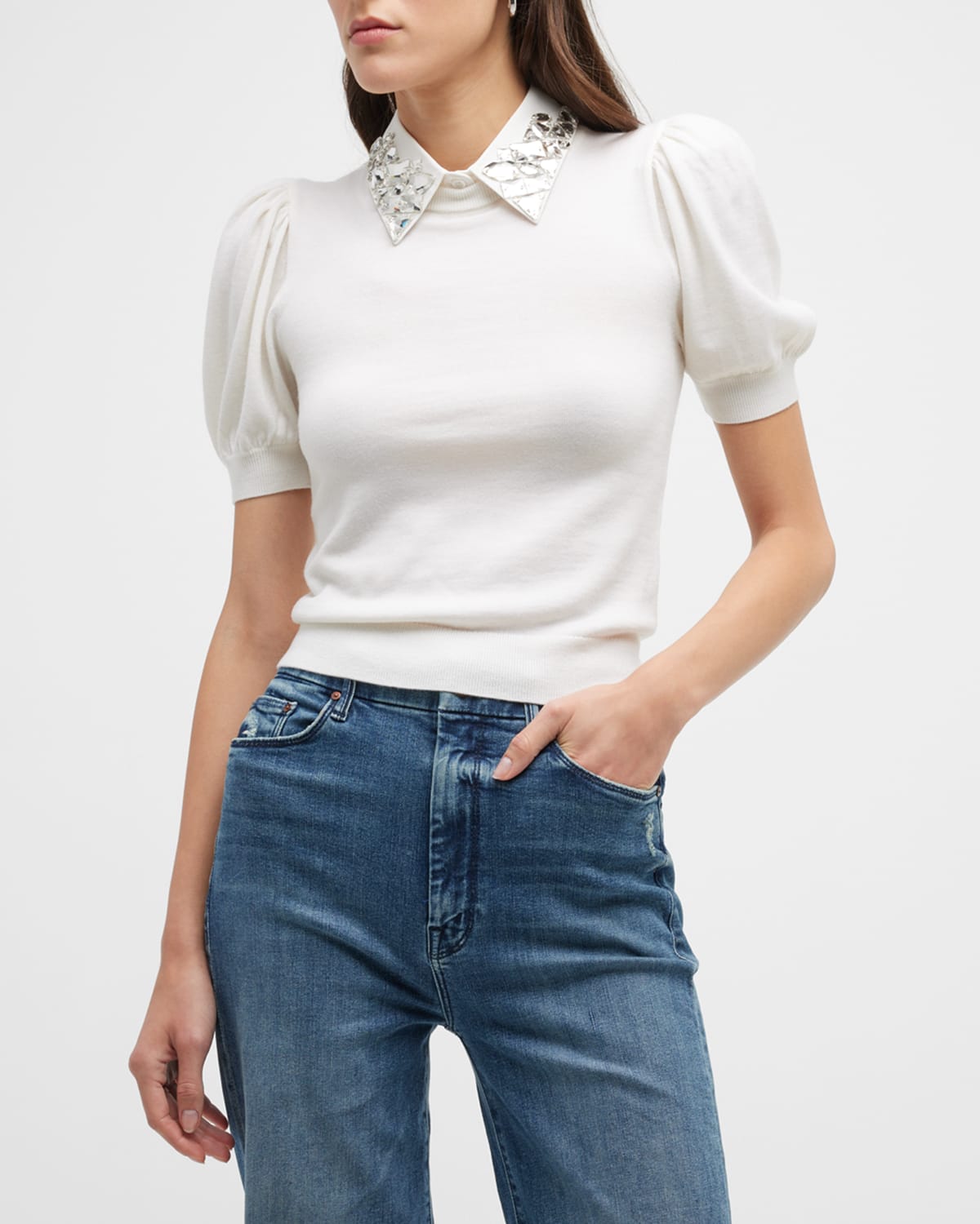 Alice Olivia Chase Puff Sleeve Collared Sweater Neiman Marcus