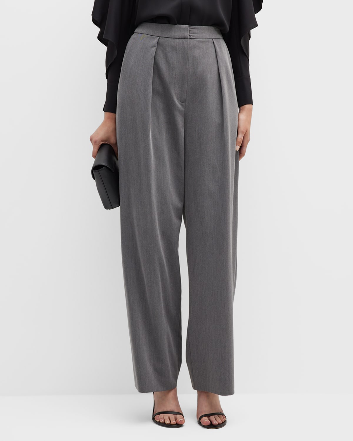Misook Pleated Wide-Leg Twill Crepe Pants | Neiman Marcus