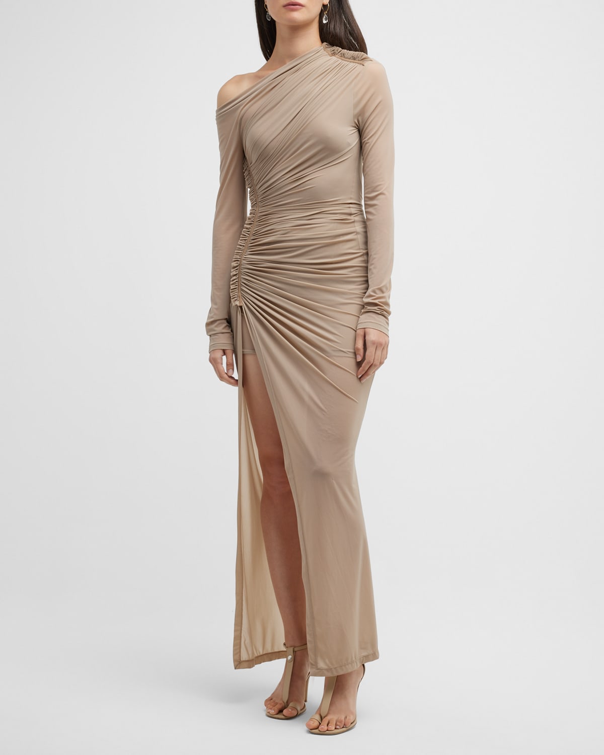 UNTTLD Dimitra Ruched One-Shoulder Thigh-Slit Metallic Platine Gown | Neiman Marcus