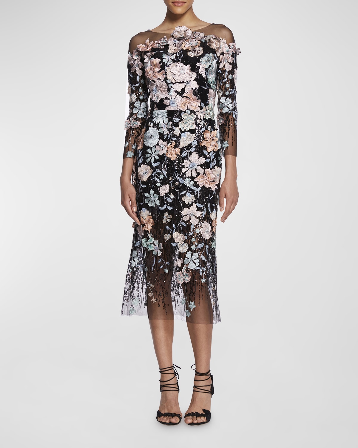 Marchesa Floral Embroidered Applique Tulle Midi Dress | Neiman Marcus