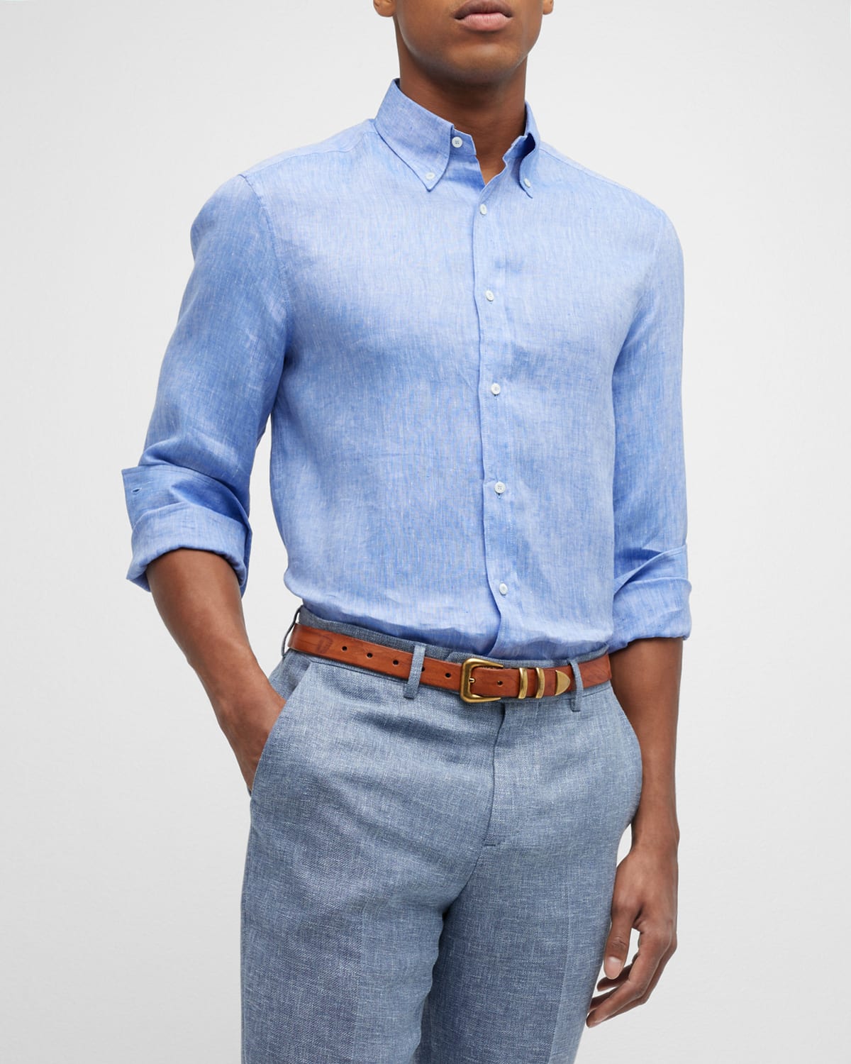 Brunello Cucinelli Men's Plaid-Print Linen Sport Shirt | Neiman Marcus