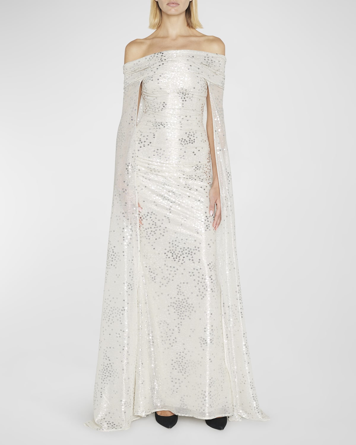 Talbot Runhof Metallic Voile Draped Cape Gown | Neiman Marcus