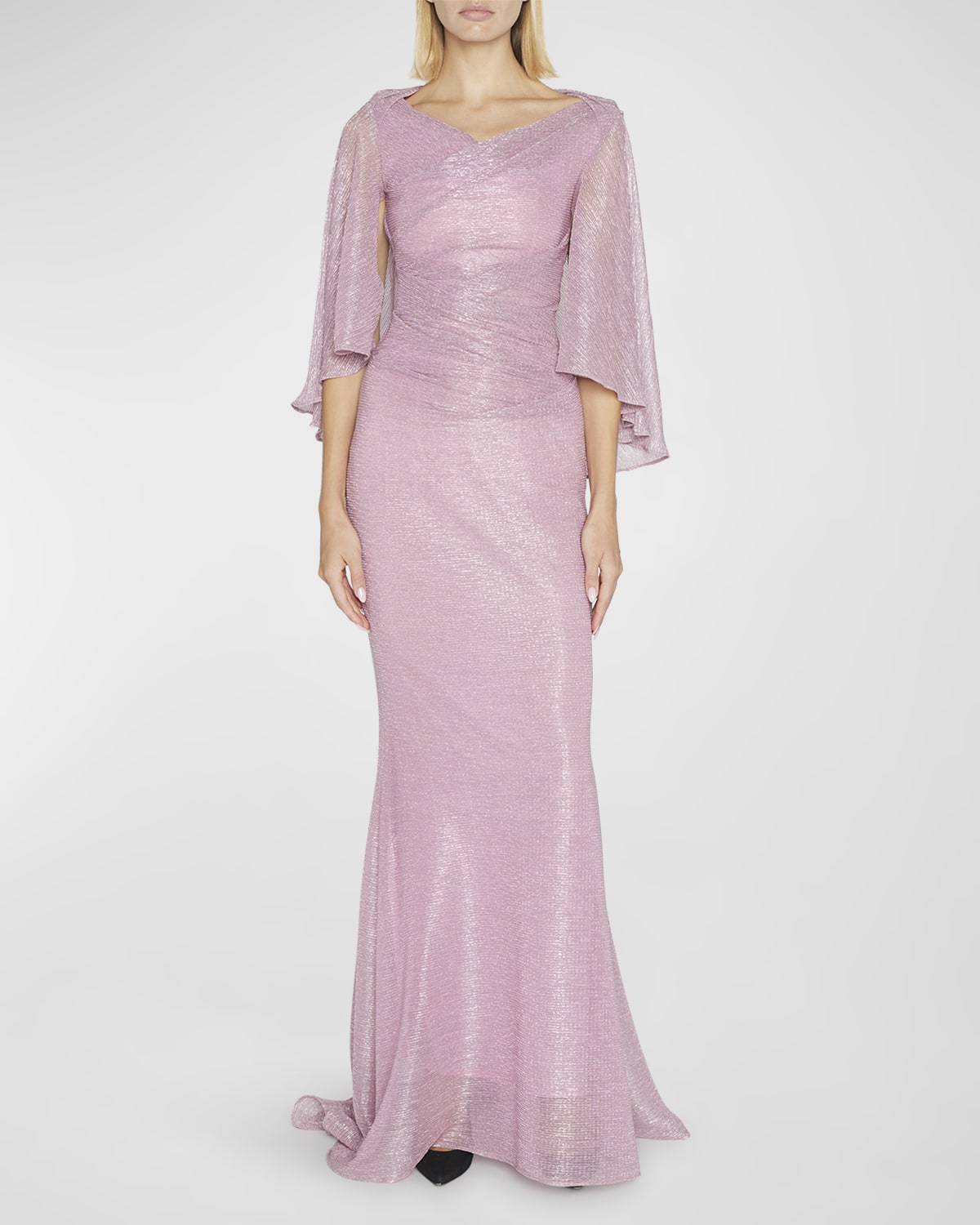 Talbot Runhof Metallic Voile Off-The-Shoulder Cape Gown | Neiman Marcus