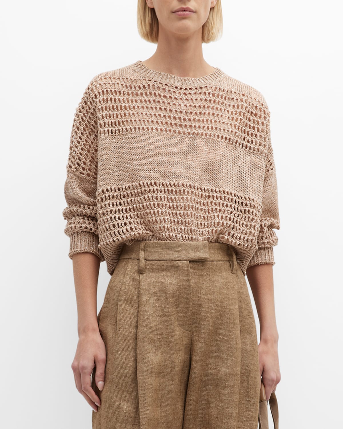 Brunello Cucinelli Open Work Cable Knit Crewneck w/ Couture Sequins ...