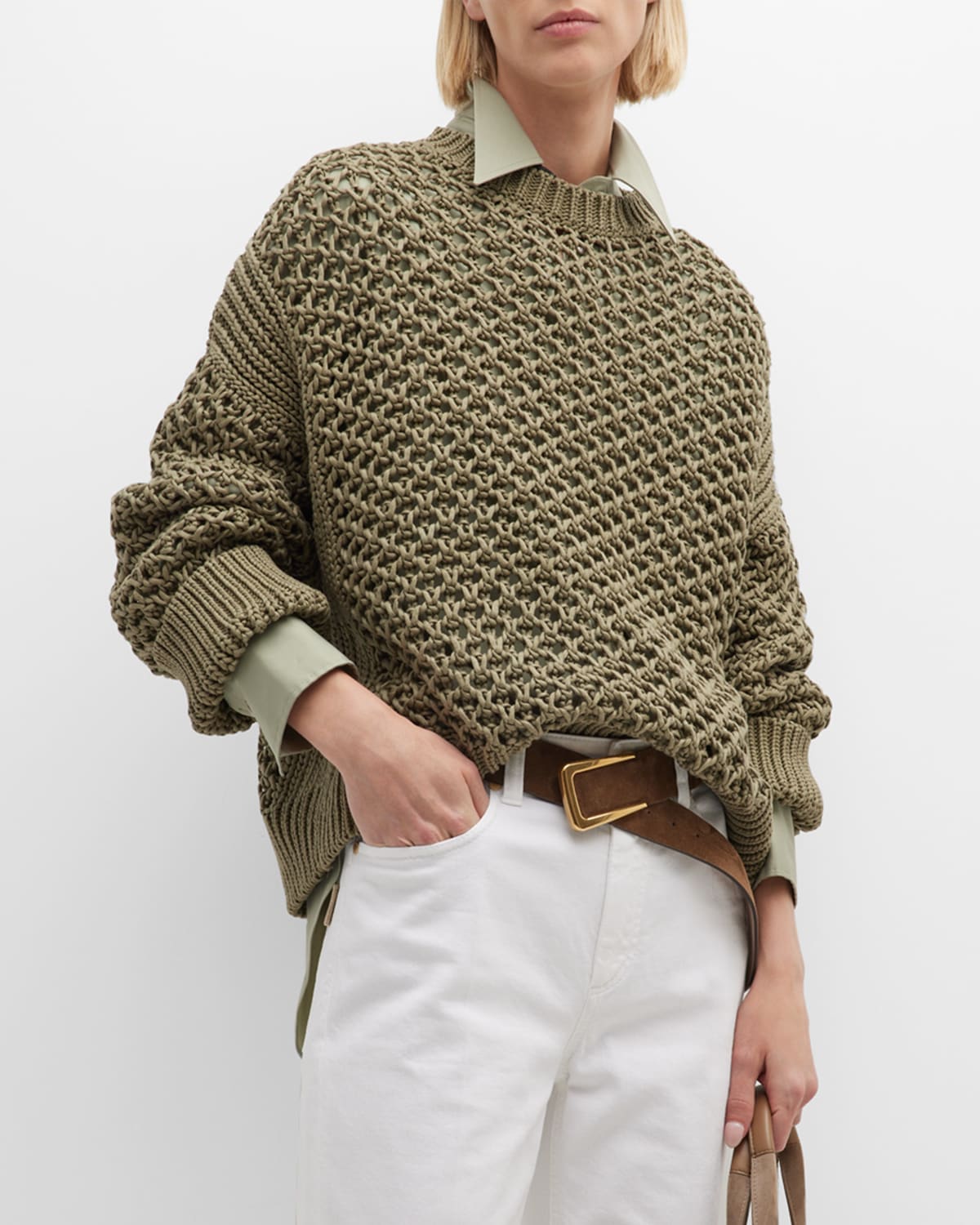 Brunello Cucinelli Open Work Striped Knit Crewneck w/ Paillette Details ...