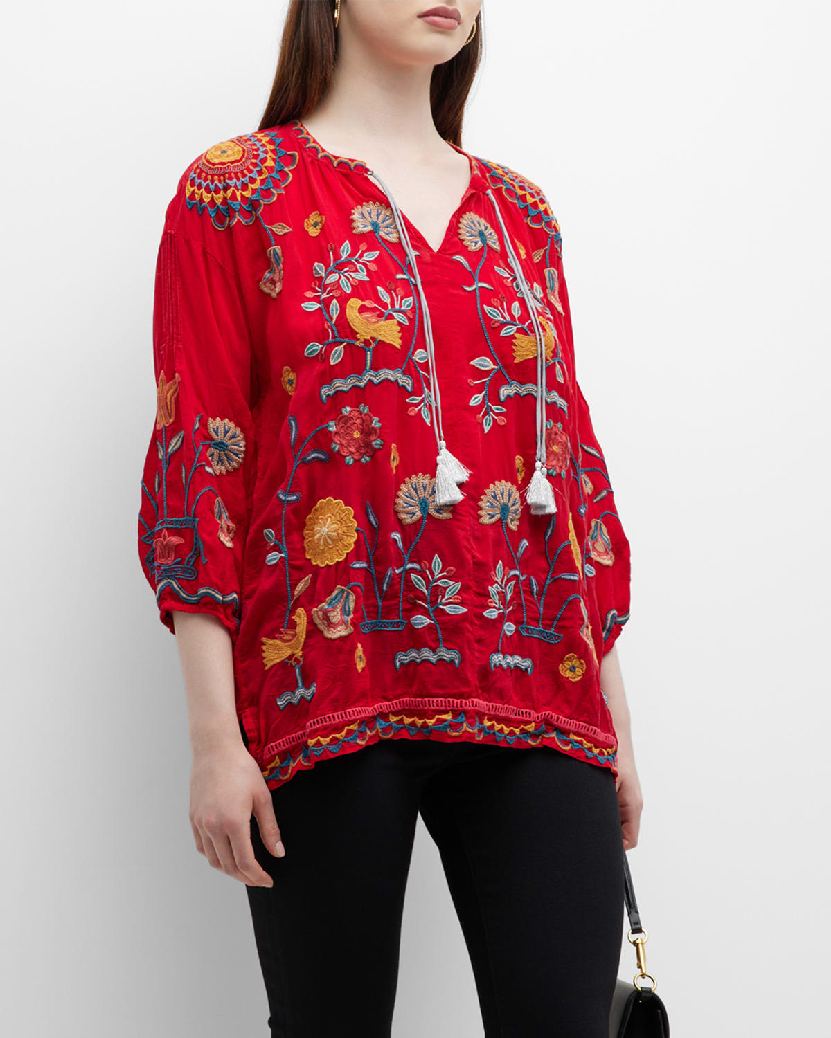 Johnny Was Plus Size Anacapri Floral-Embroidered Satin Trapunto Blouse ...