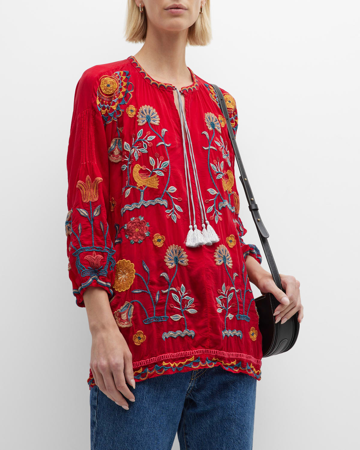Johnny Was Claret Nephele Floral-Embroidered Silk Tunic | Neiman Marcus