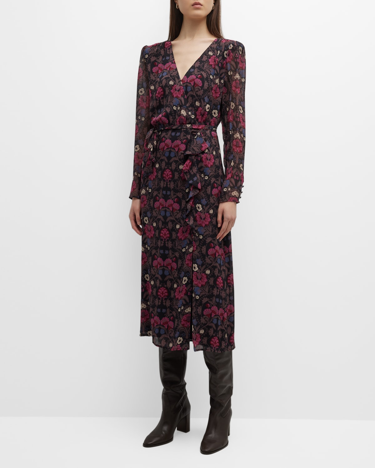 Leo Lin Nellie Belted Floral Print Midi Dress Neiman Marcus