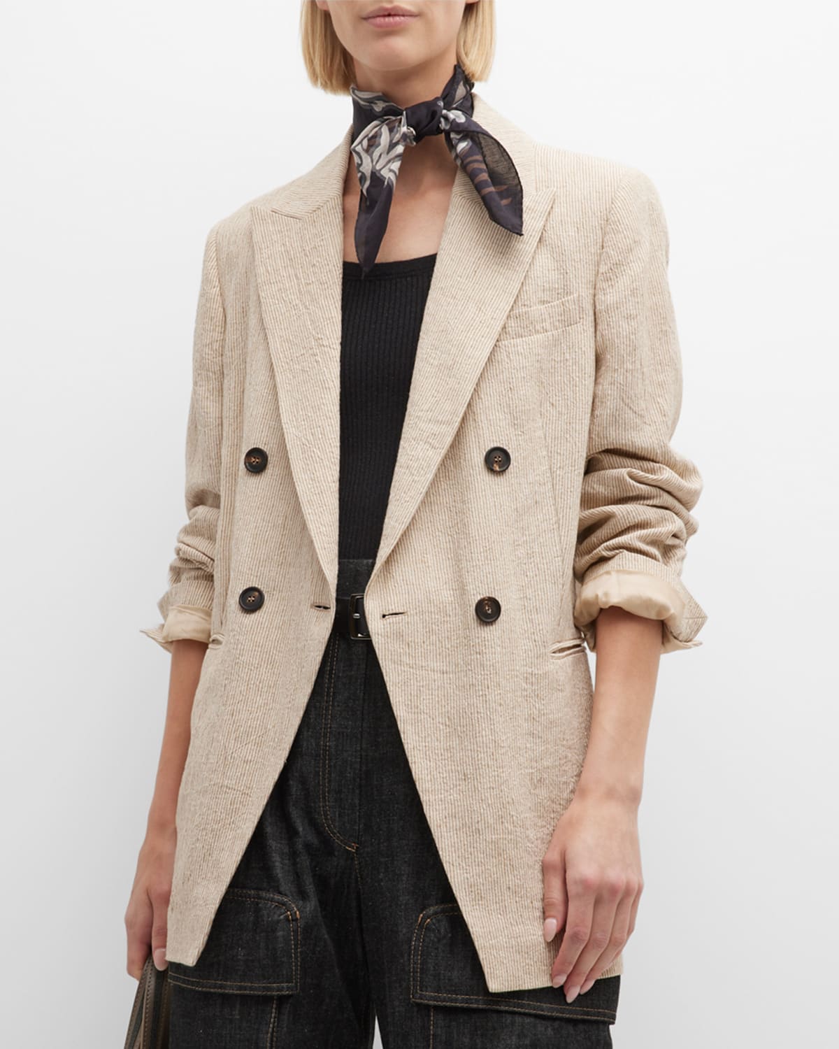 Brunello Cucinelli Linen Twill Double-Breasted Blazer Jacket With ...
