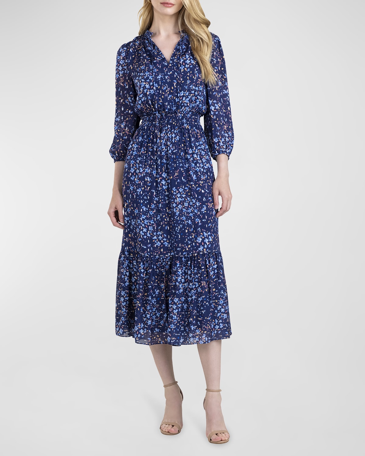 Shoshanna Emilie Belted Blouson-Sleeve Midi Dress | Neiman Marcus