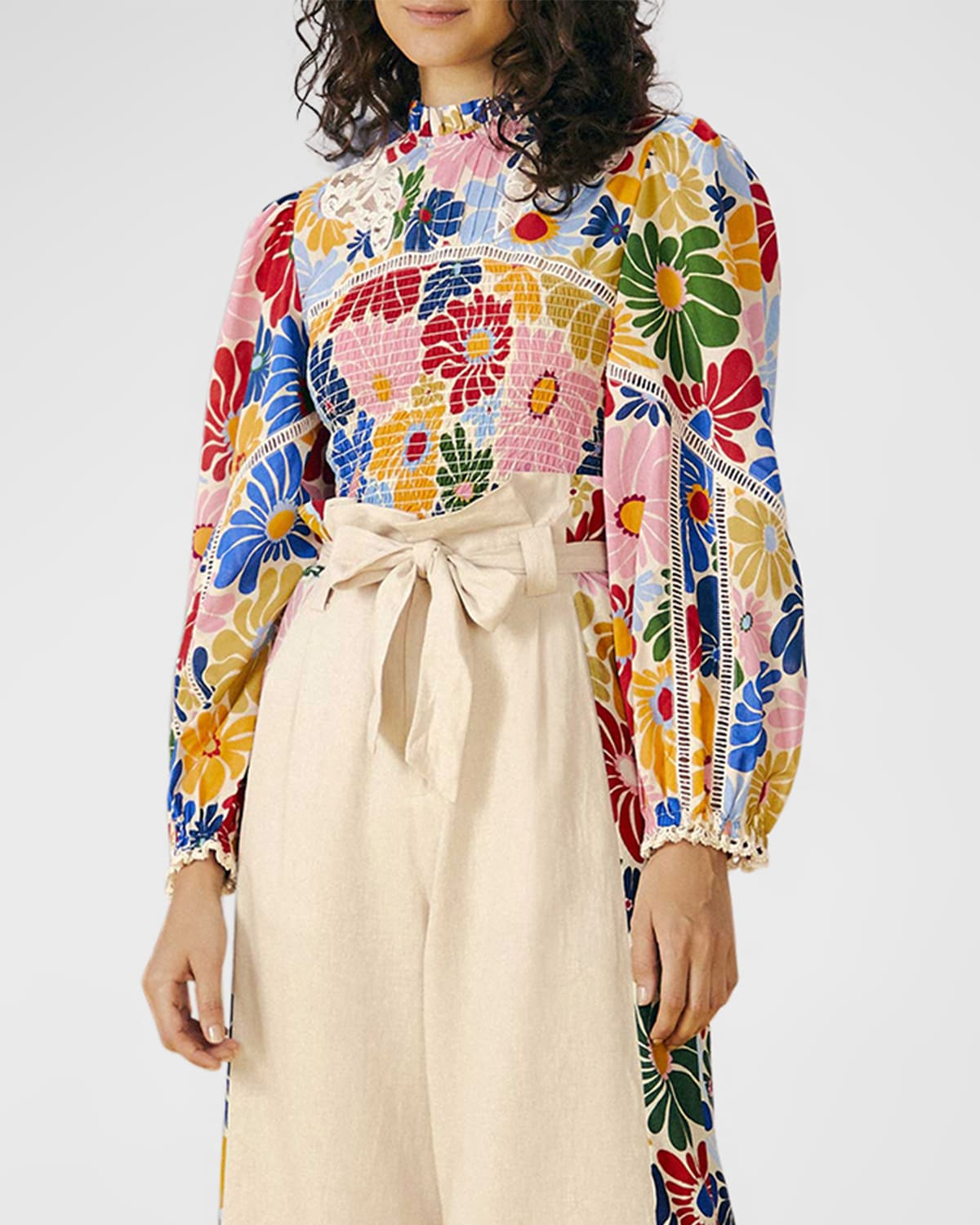 Farm Rio High-Neck Ruffle Pintuck Blouse | Neiman Marcus