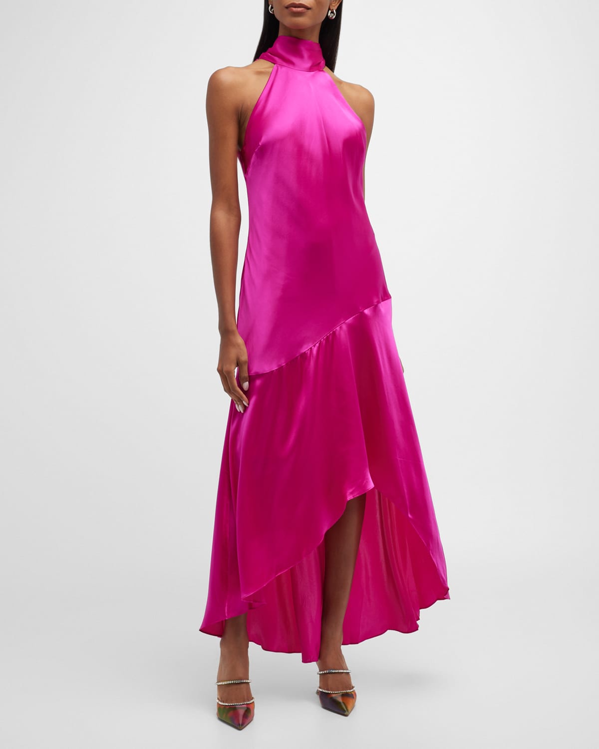Alice + Olivia Rayni Halter-Neck High-Low Midi Dress | Neiman Marcus