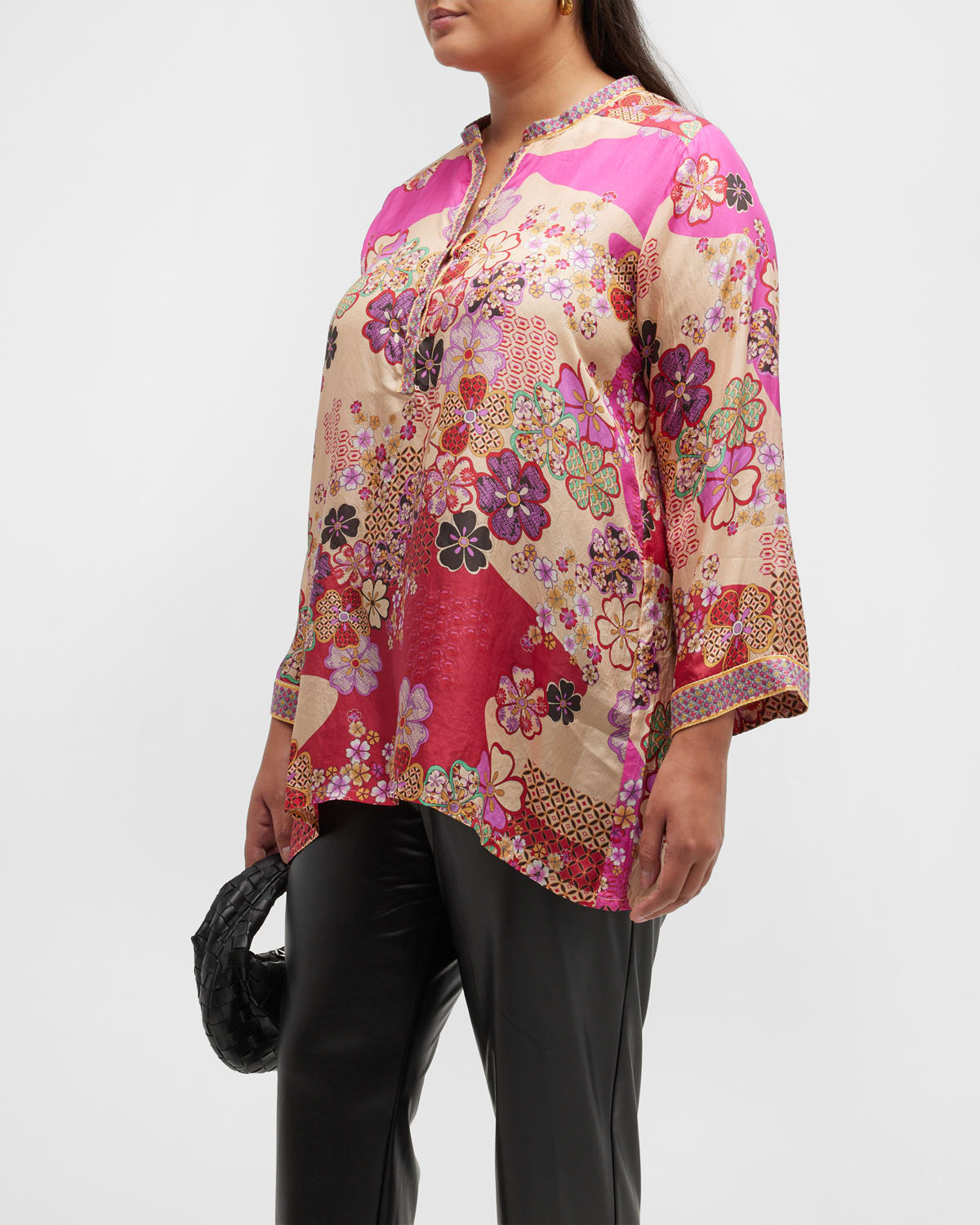 Johnny Was Zinnia Embroidered Floral-Print Silk Tunic | Neiman Marcus