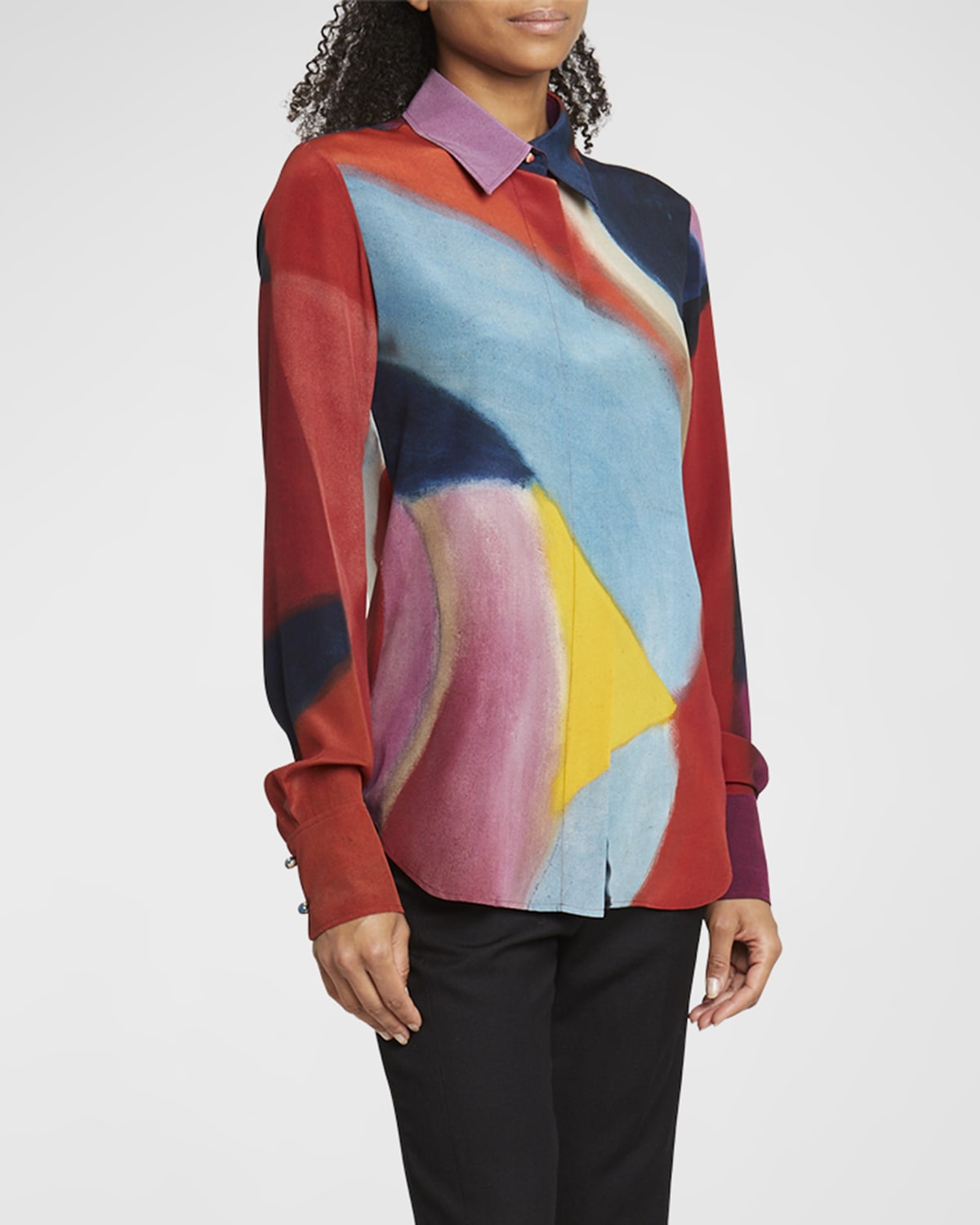 Piazza Sempione Abstract-Print Long-Sleeve Collared Silk Blouse ...