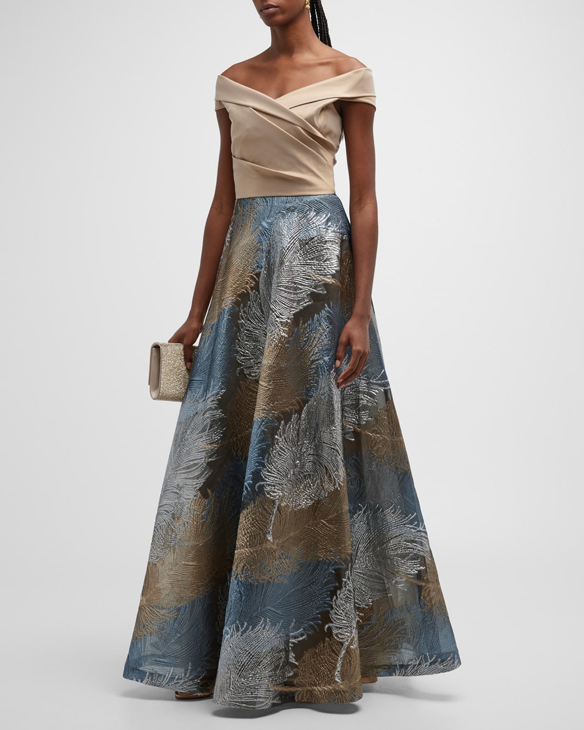 Rickie Freeman for Teri Jon Off-Shoulder Floral Jacquard Gown | Neiman ...
