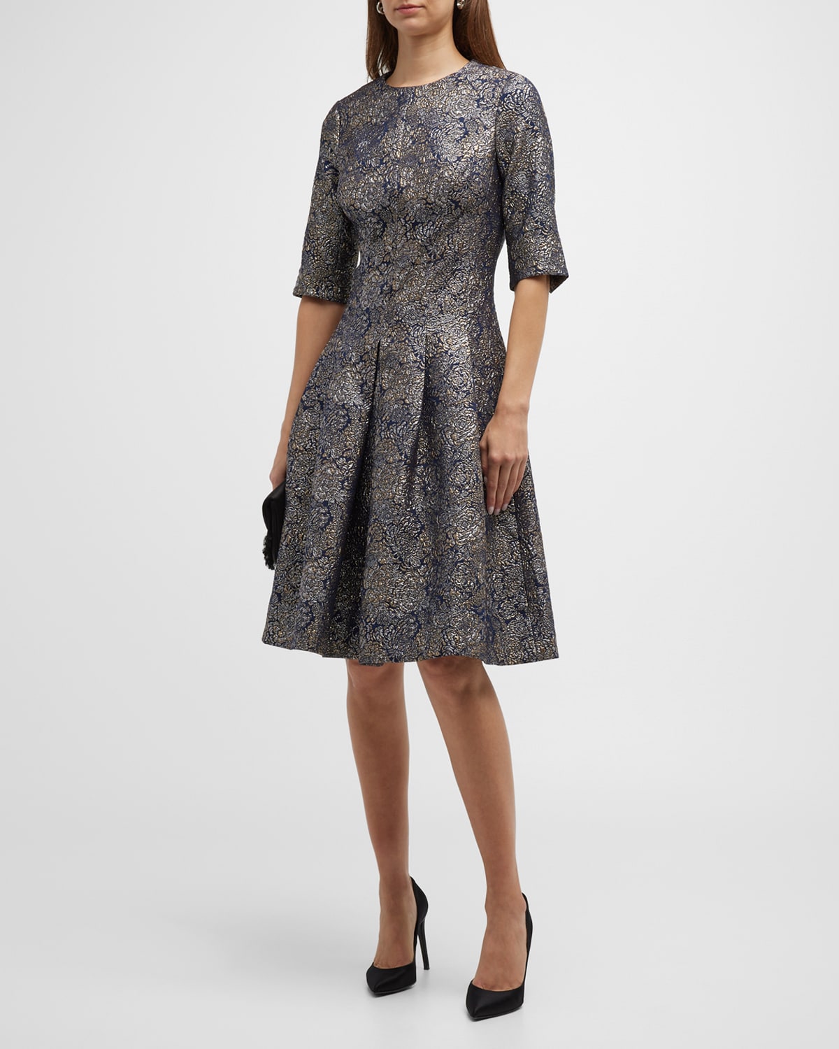 Rickie Freeman for Teri Jon Puff-Sleeve Metallic Jacquard Midi Dress ... Rickie Freeman for Teri Jon Puff-Sleeve Metallic Jacquard Midi Dress ...