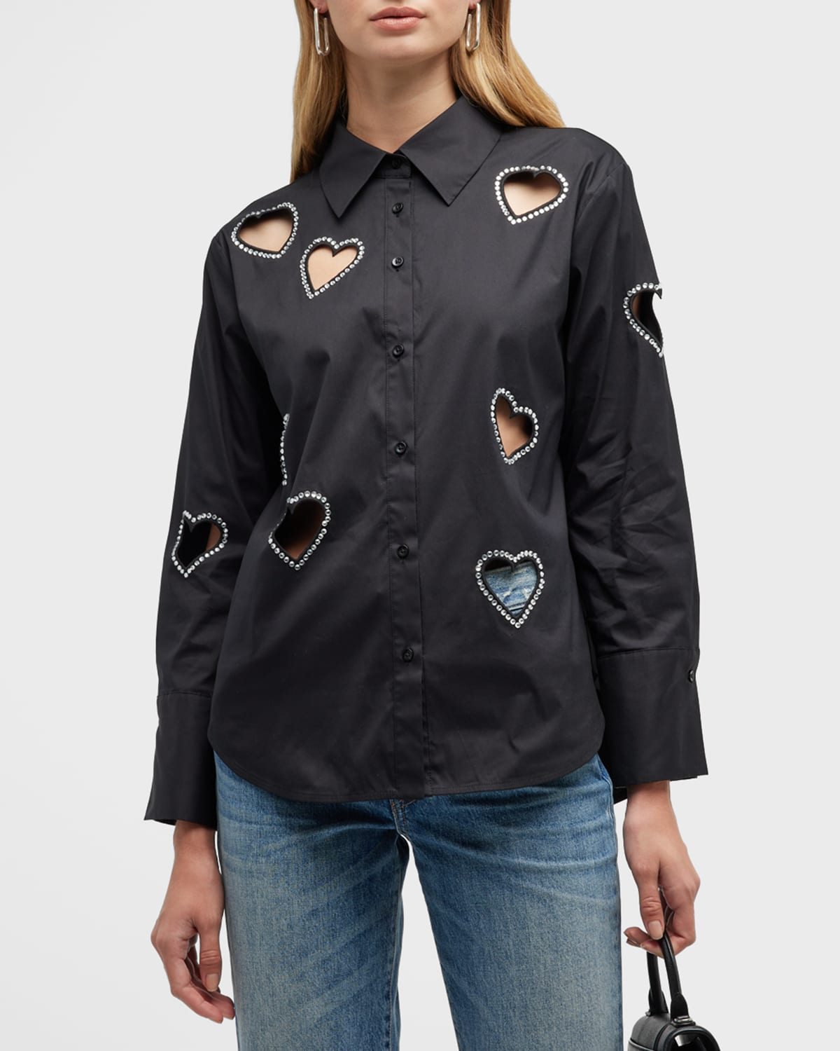 Alice + Olivia Finely Embellished Button-Front Heart Cutout Shirt ...