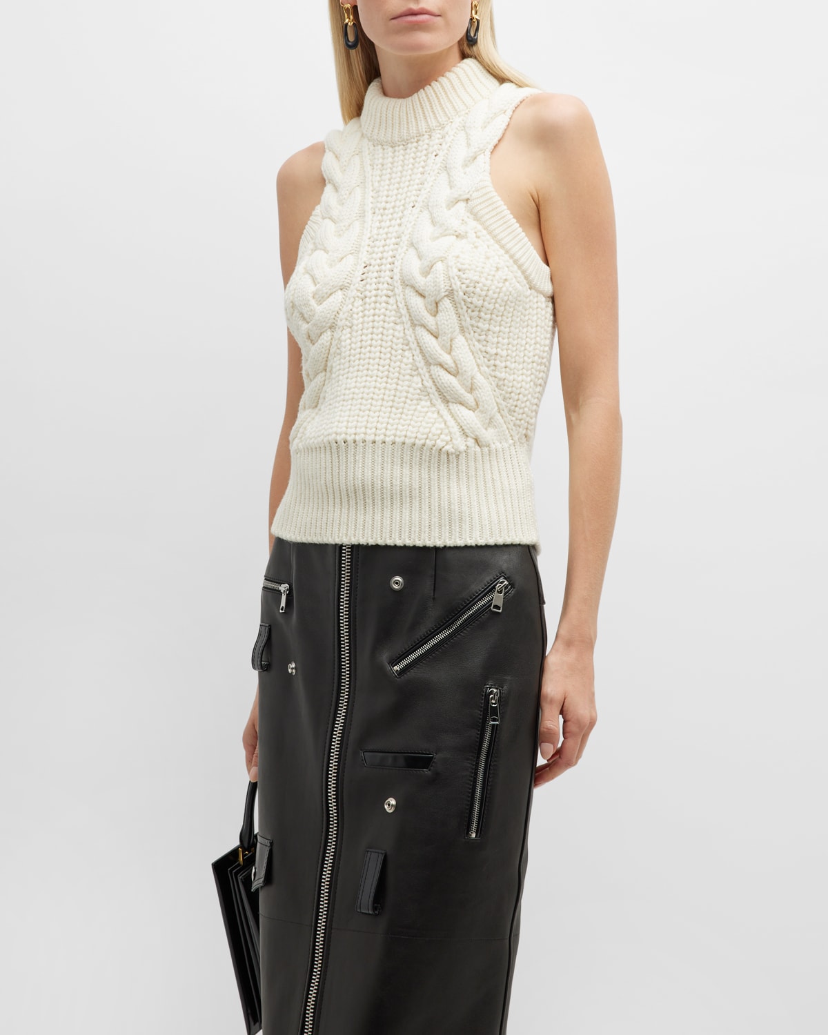 Max Mara Stallo Turtleneck Open-Back Cable Knit Tank Top | Neiman Marcus