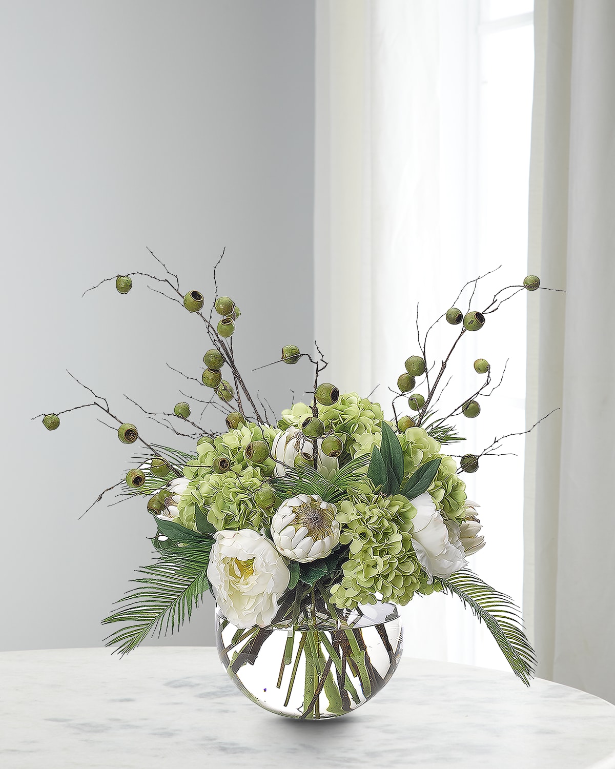 NDI Hydrangea & Dahlia Arrangement in Glass Bubble Vase | Neiman Marcus