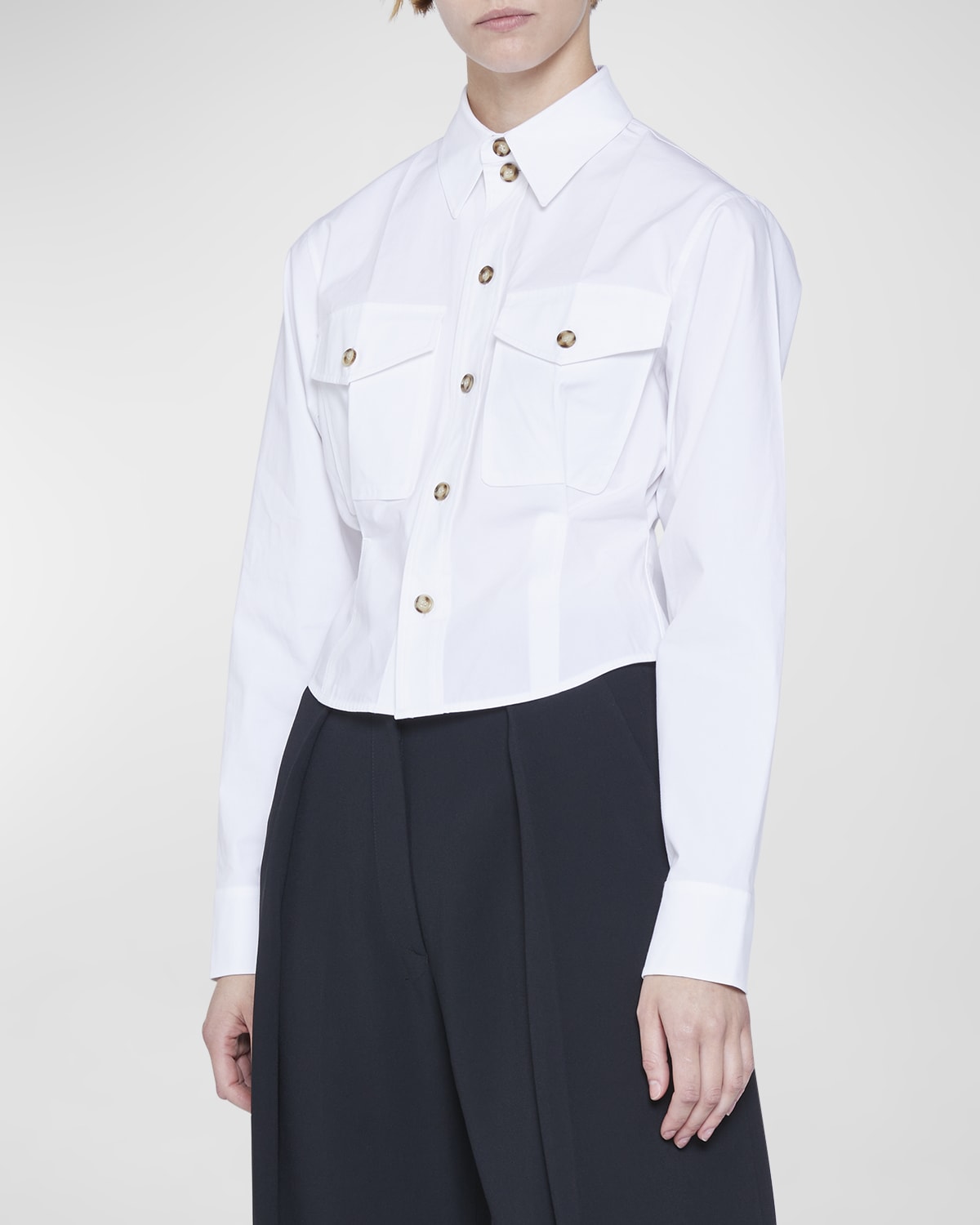 Victoria Beckham Stripe Fitted Crop Button-Up Shirt | Neiman Marcus