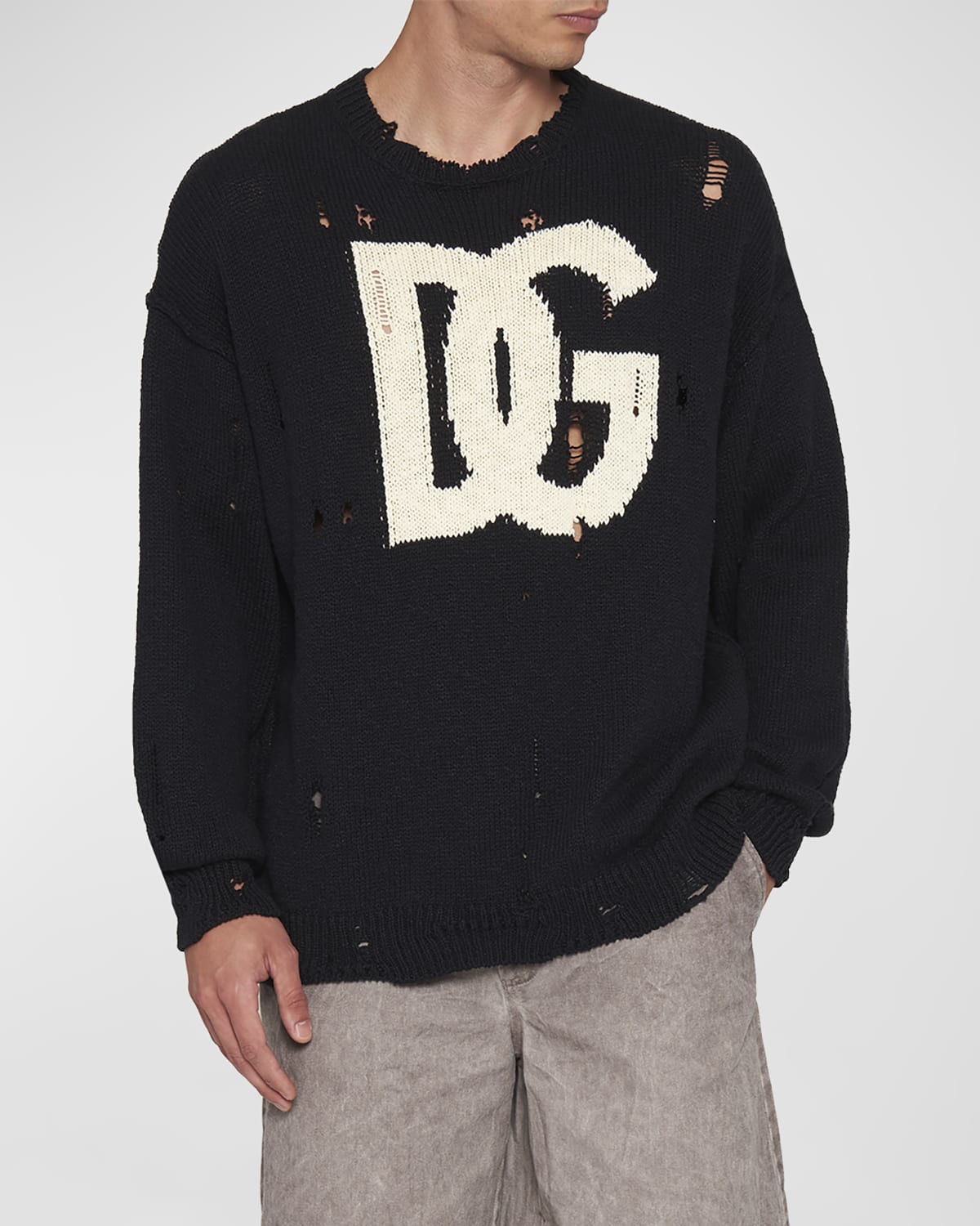 Balmain Men's Destroyed Cable-Knit Sweater | Neiman Marcus
