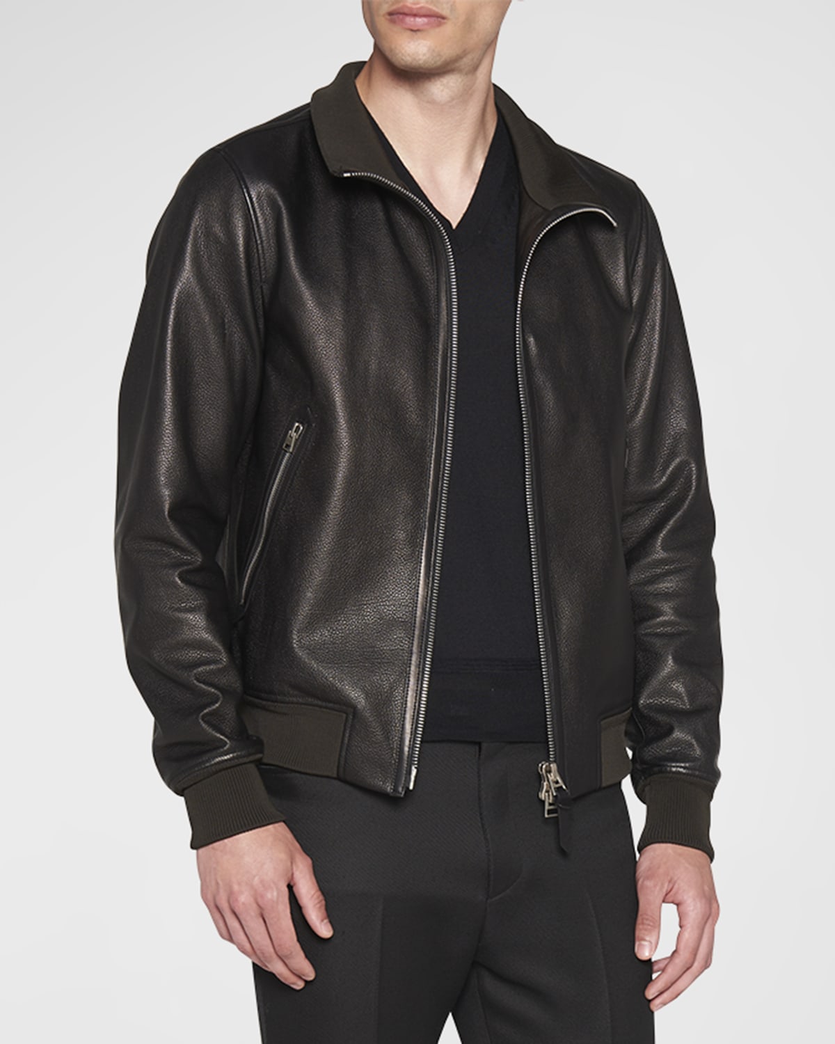 Canali Men's Midnight Leather Bomber Jacket | Neiman Marcus