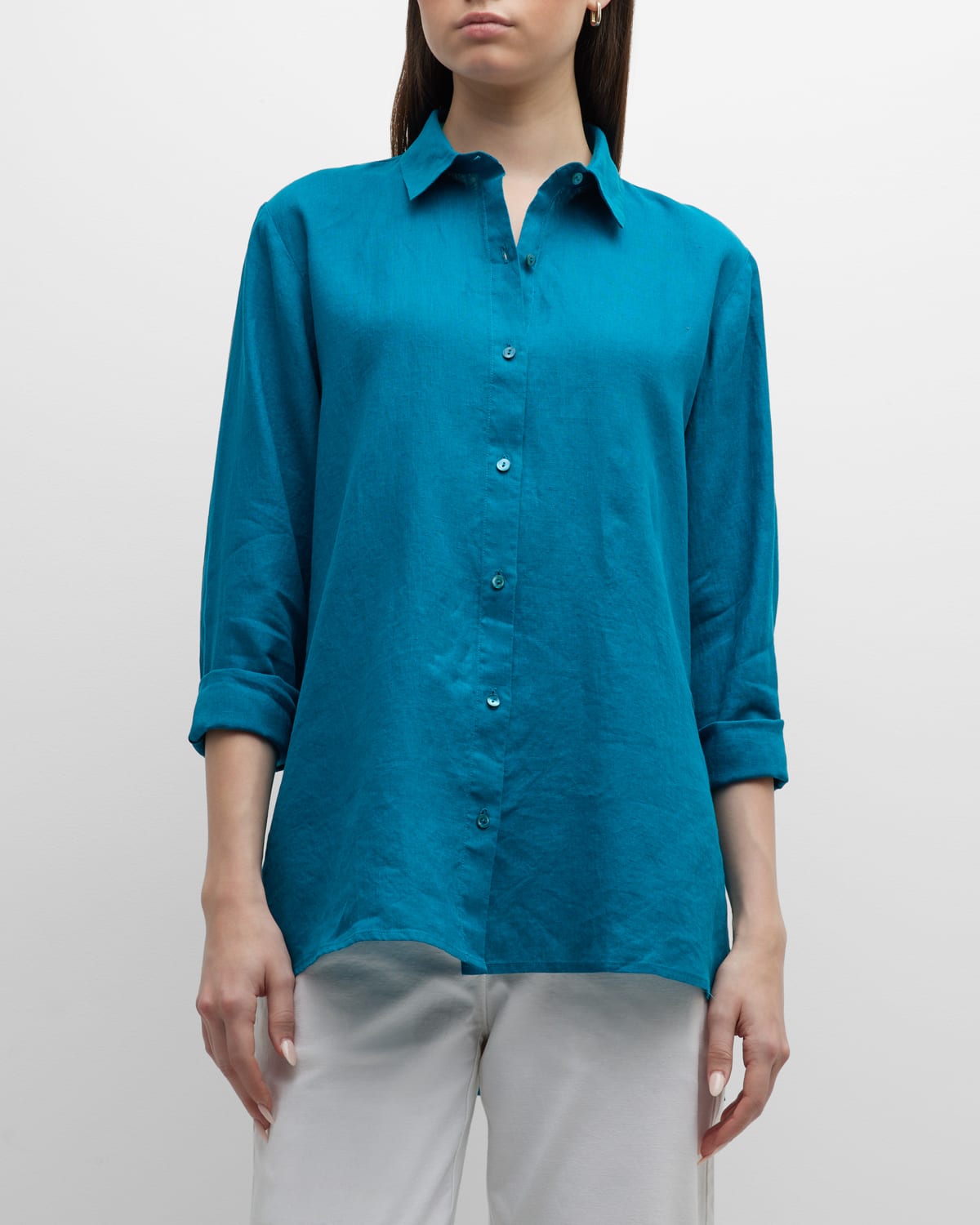 Eileen Fisher Button-Down Delave Linen Shirt | Neiman Marcus