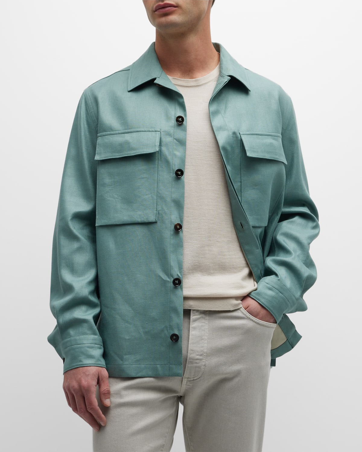 ZEGNA Men's Covered Placket Linen Overshirt | Neiman Marcus