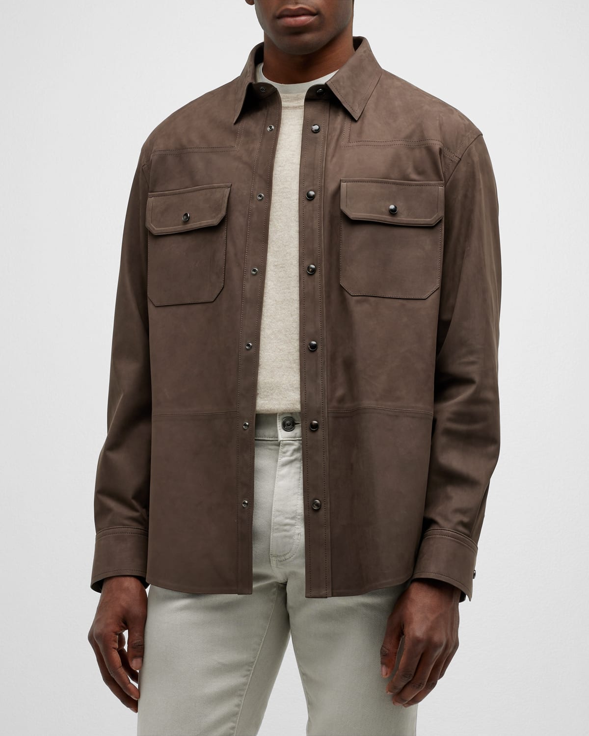 ZEGNA Men's Suede-Leather Overshirt | Neiman Marcus