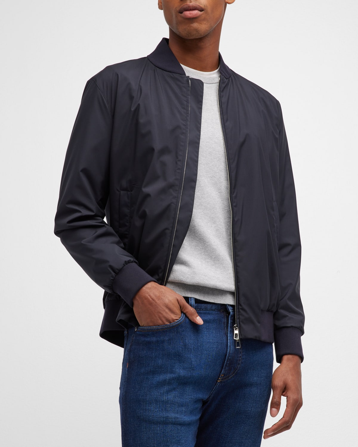 Brunello Cucinelli Men's Linen Full-Zip Bomber Jacket | Neiman Marcus