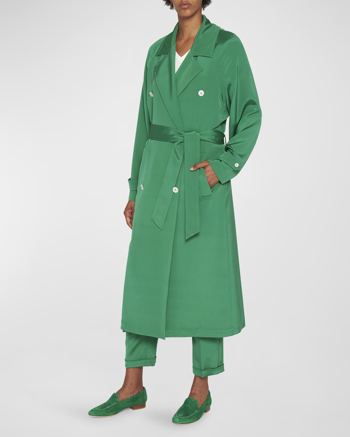 LAPOINTE Metallic Silk Belted Trench Coat | Neiman Marcus