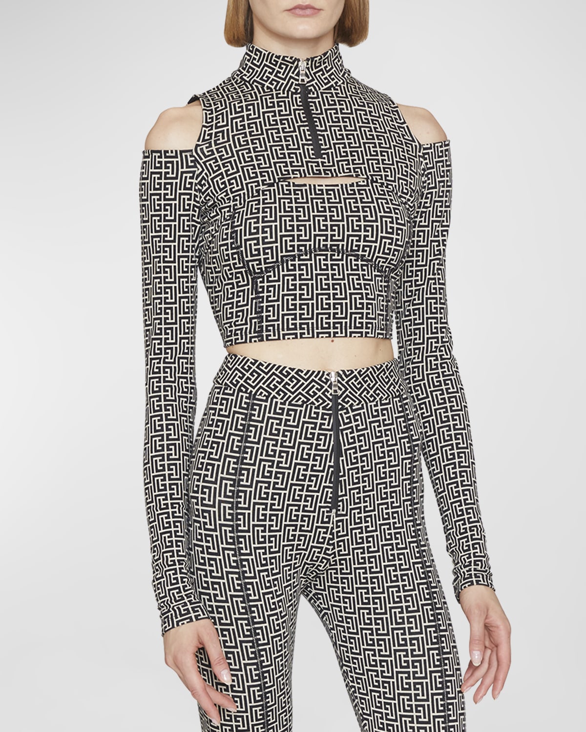 Balmain Cutout Sleeveless Monogram Jersey Crop Top | Neiman Marcus