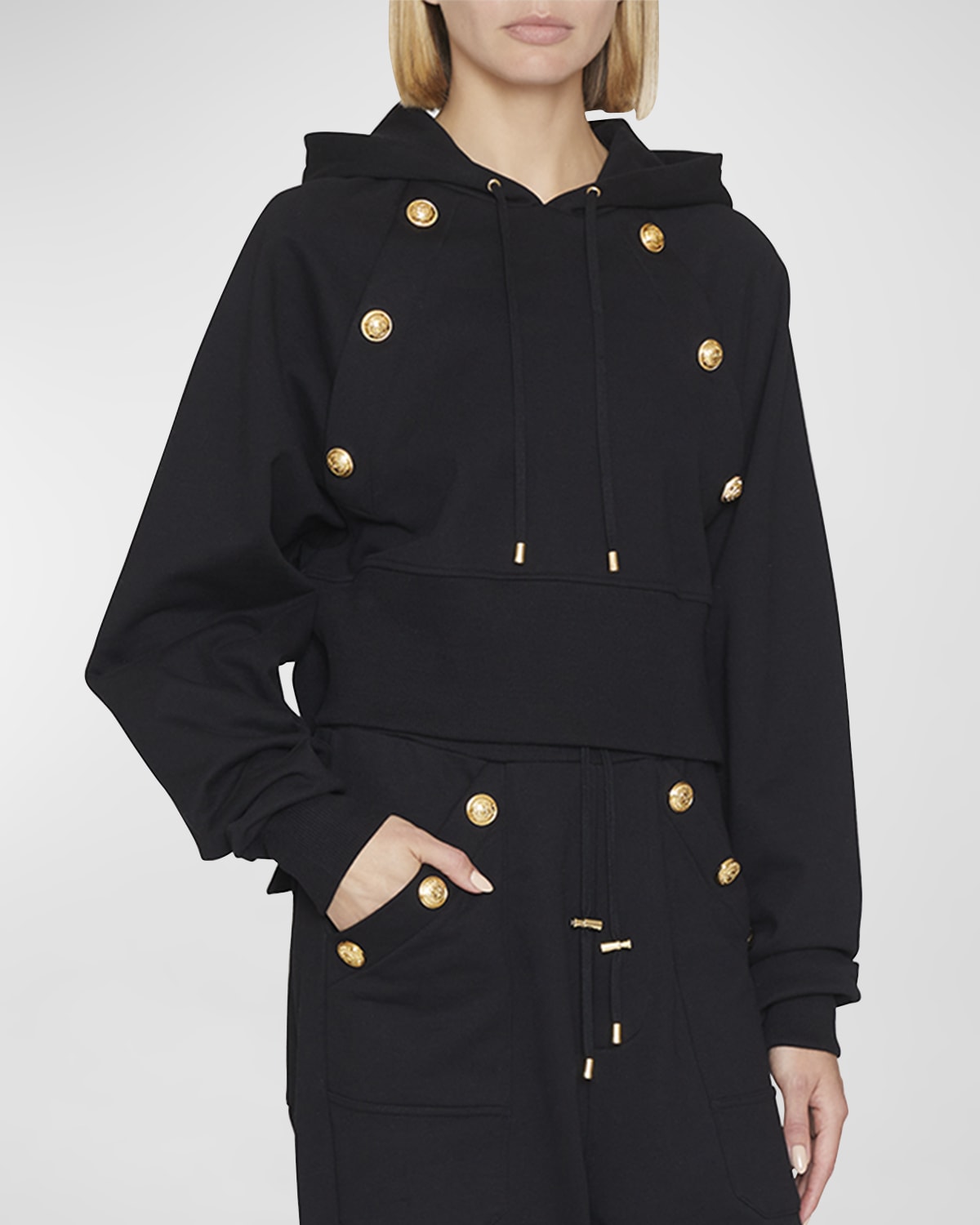 Balmain 3-Button Logo-Print Crop Sweatshirt | Neiman Marcus