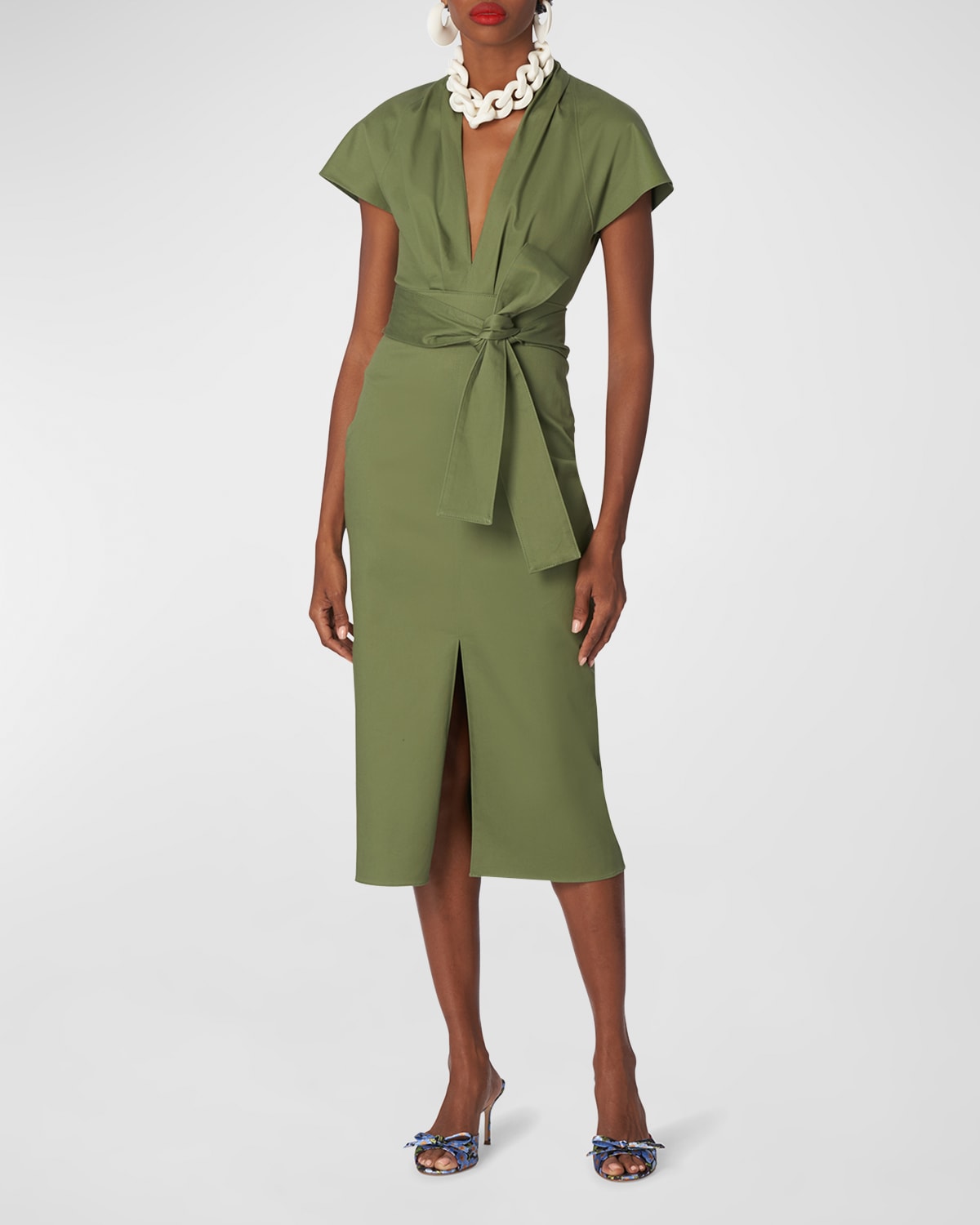 Carolina Herrera Button-Front Striped Midi Dress with Side Knot Detail ...