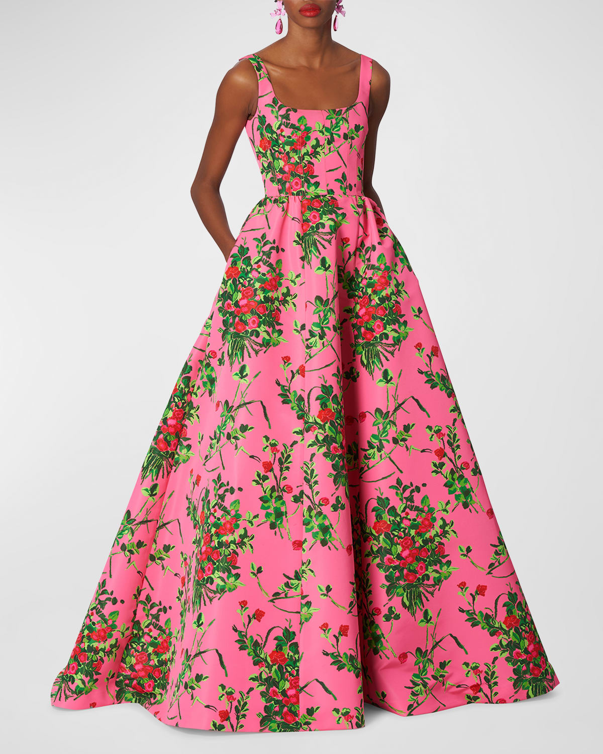 Carolina Herrera Floral Print Button-Front Trench Gown with Tie Belt ...