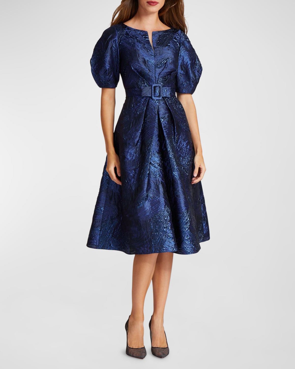 Rickie Freeman for Teri Jon Off-Shoulder Metallic Jacquard Midi Dress ...