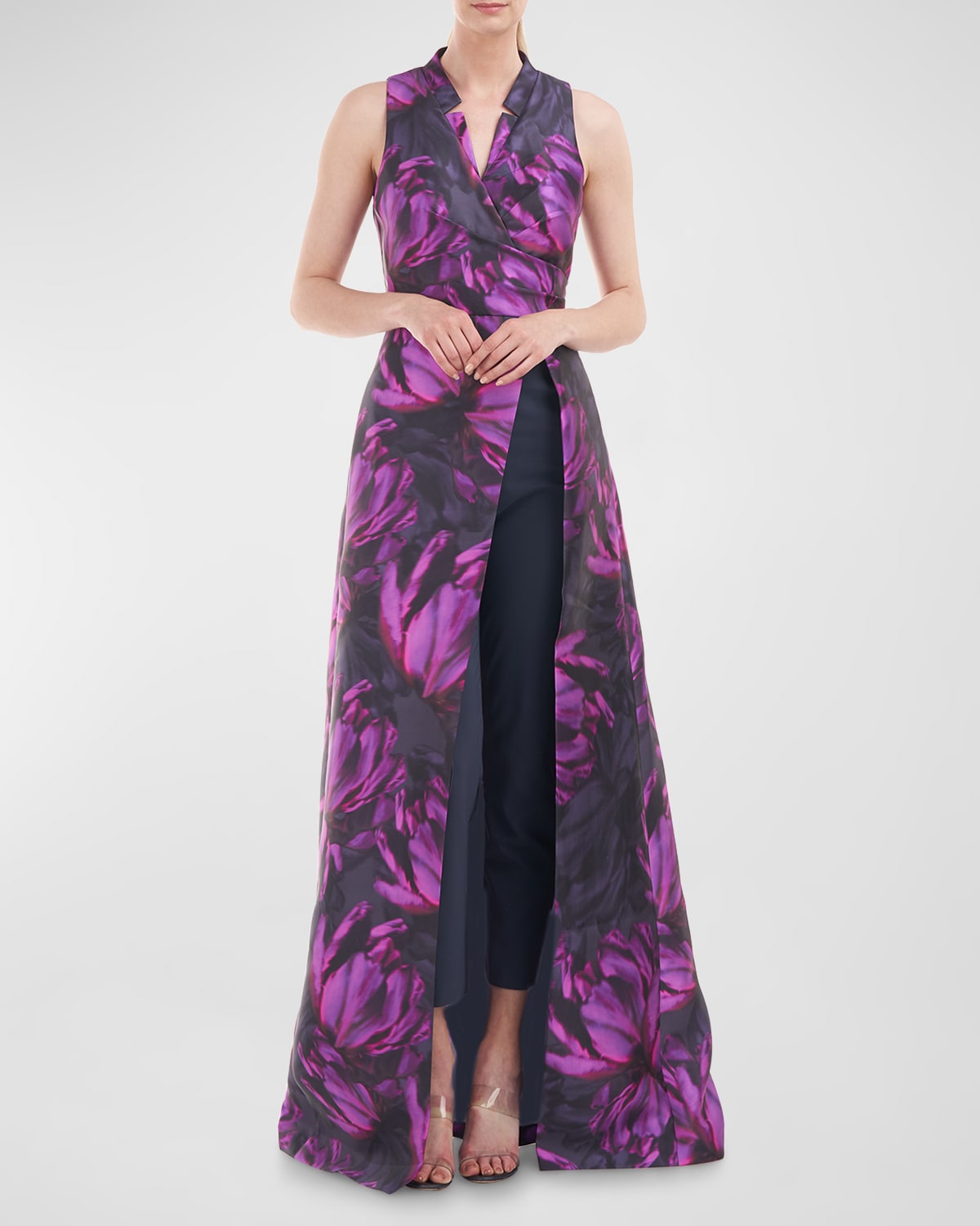 Kay Unger New York Pleated Floral-Print Walk-Thru Jumpsuit | Neiman Marcus