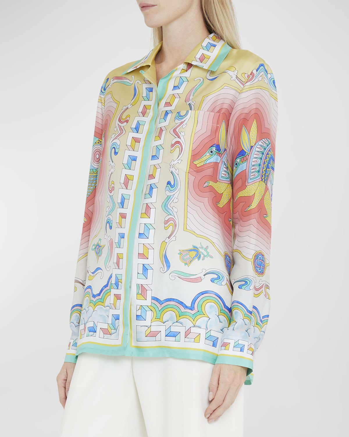 CASABLANCA Logo Graphic-Print Cuban-Collar Crop Silk Shirt | Neiman Marcus