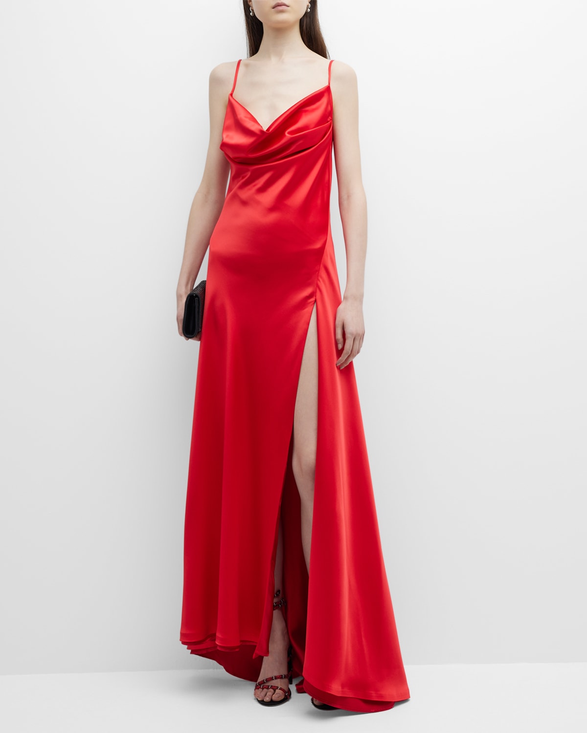 LAPOINTE Cowl-Neck Belted Satin Bias Midi Dress | Neiman Marcus