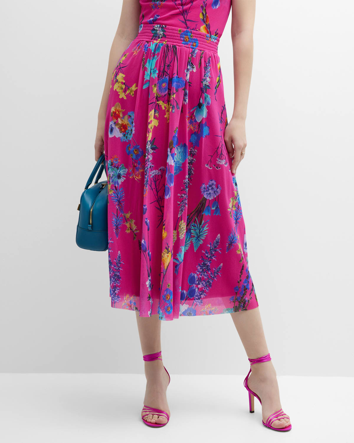 Fuzzi Ruched Patchwork-Print Tulle Midi Skirt | Neiman Marcus