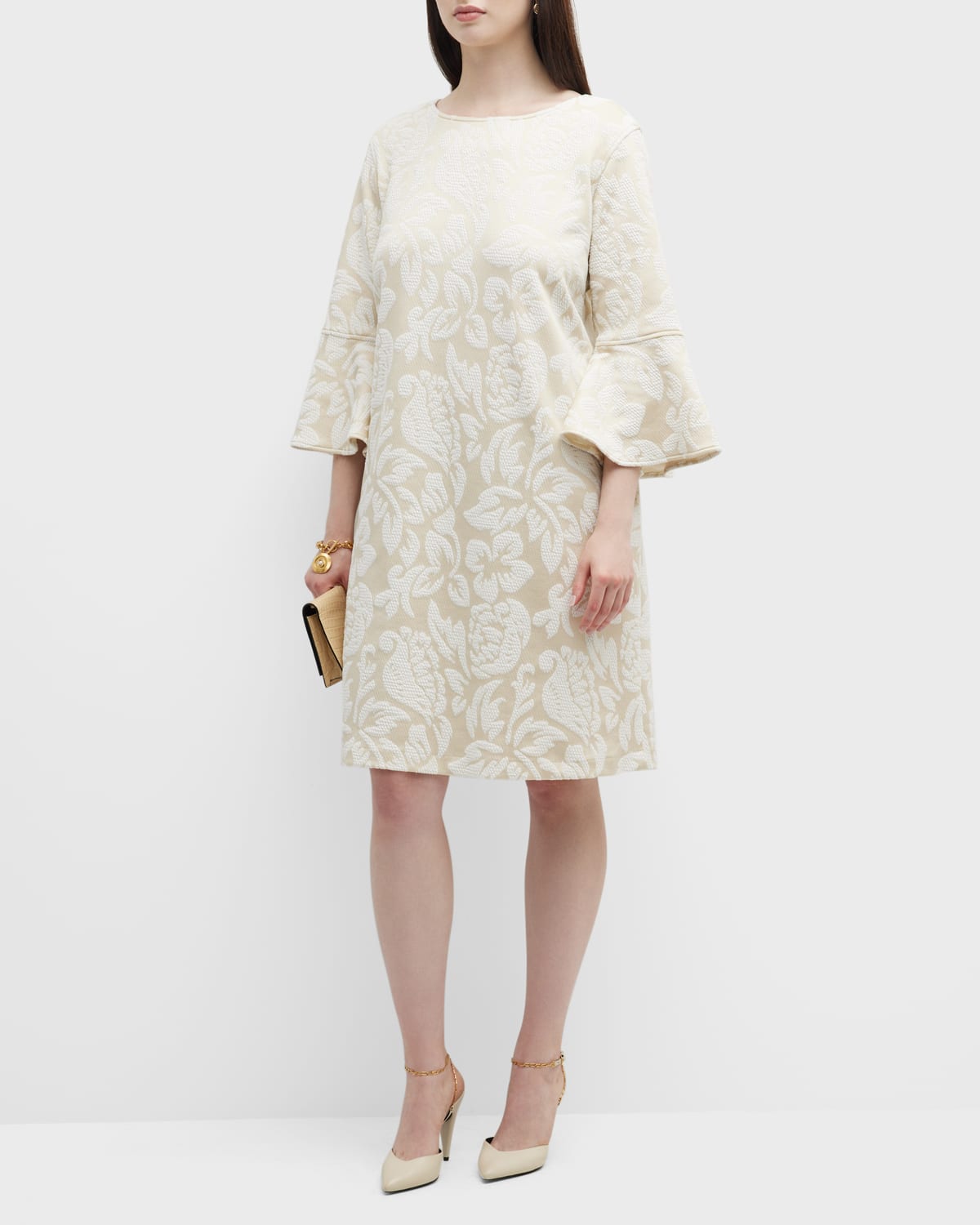 Caroline Rose Bella Floral Jacquard Bell-Sleeve Shift Dress | Neiman Marcus