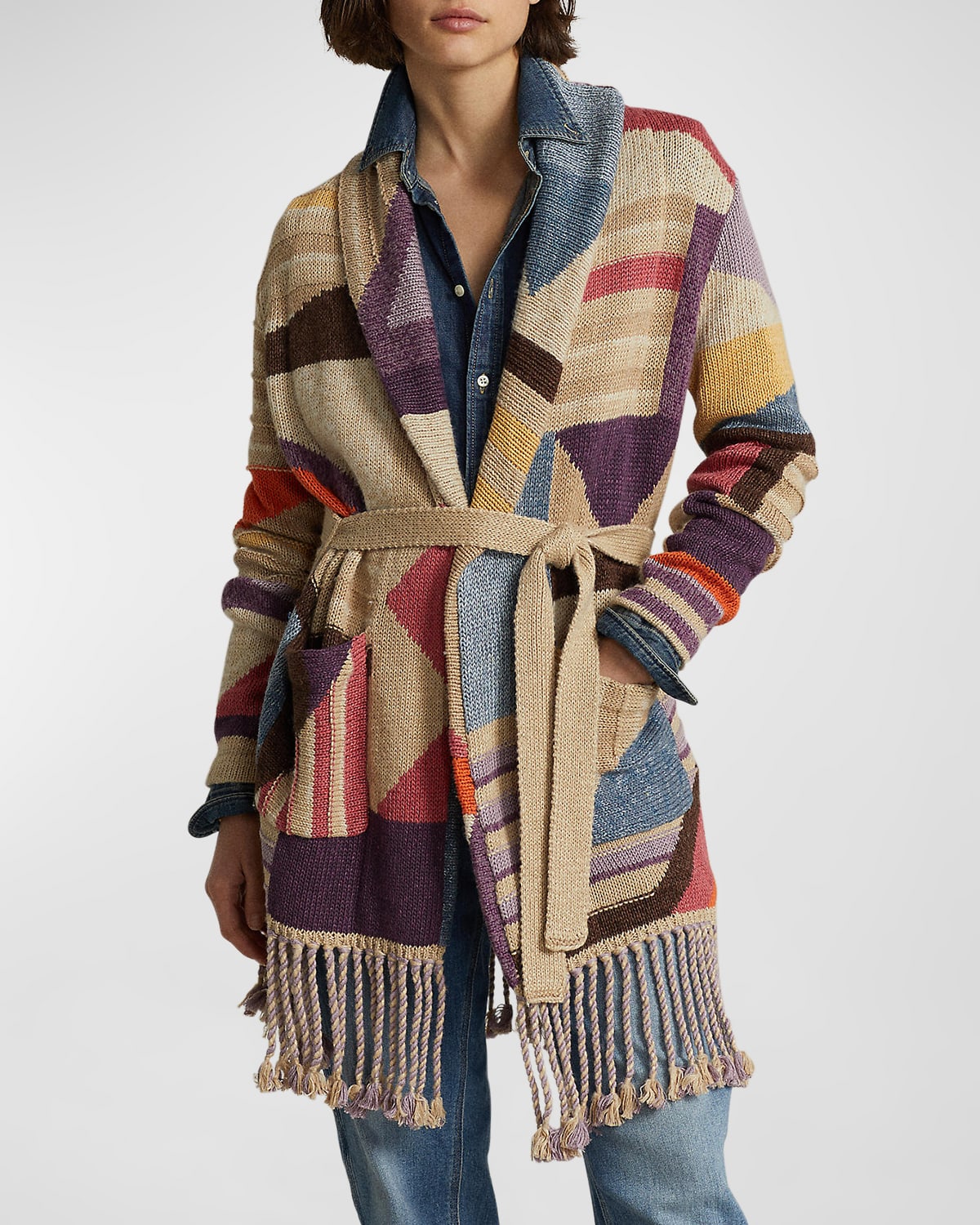 Polo Ralph Lauren Geo-Stripe Cotton-Linen Cardigan | Neiman Marcus