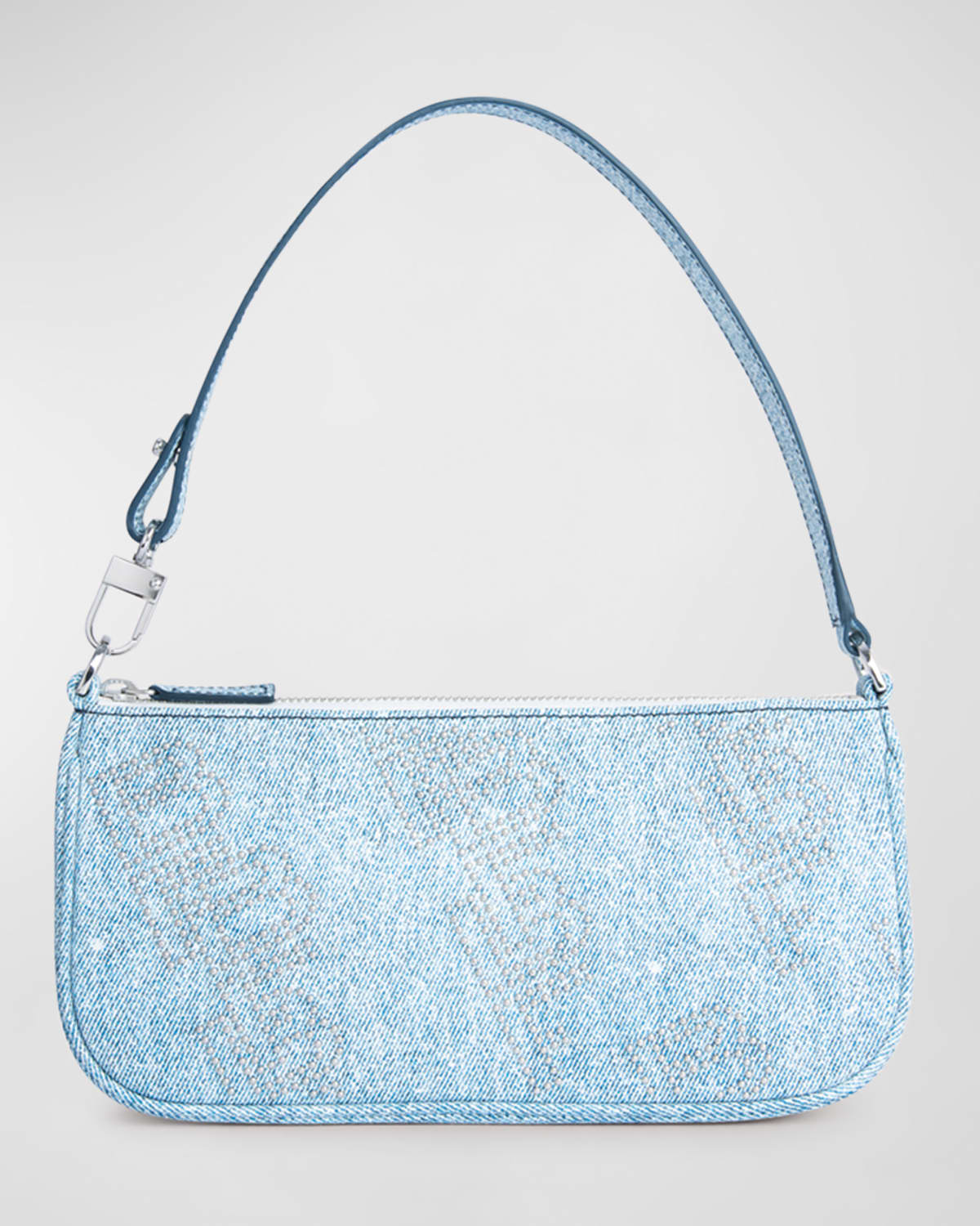 BY FAR Gib Studded Logo Denim Crescent Shoulder Bag | Neiman Marcus