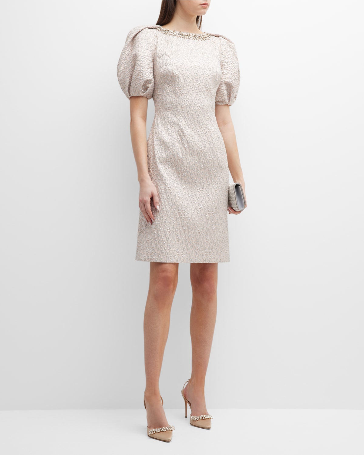 Rickie Freeman for Teri Jon Puff-Sleeve Square-Neck Floral Jacquard ...