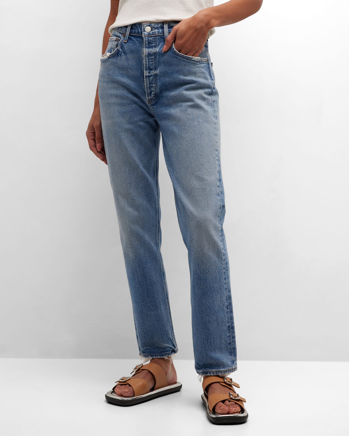 AGOLDE Riley High-Rise Straight Crop Stagger Jeans | Neiman Marcus