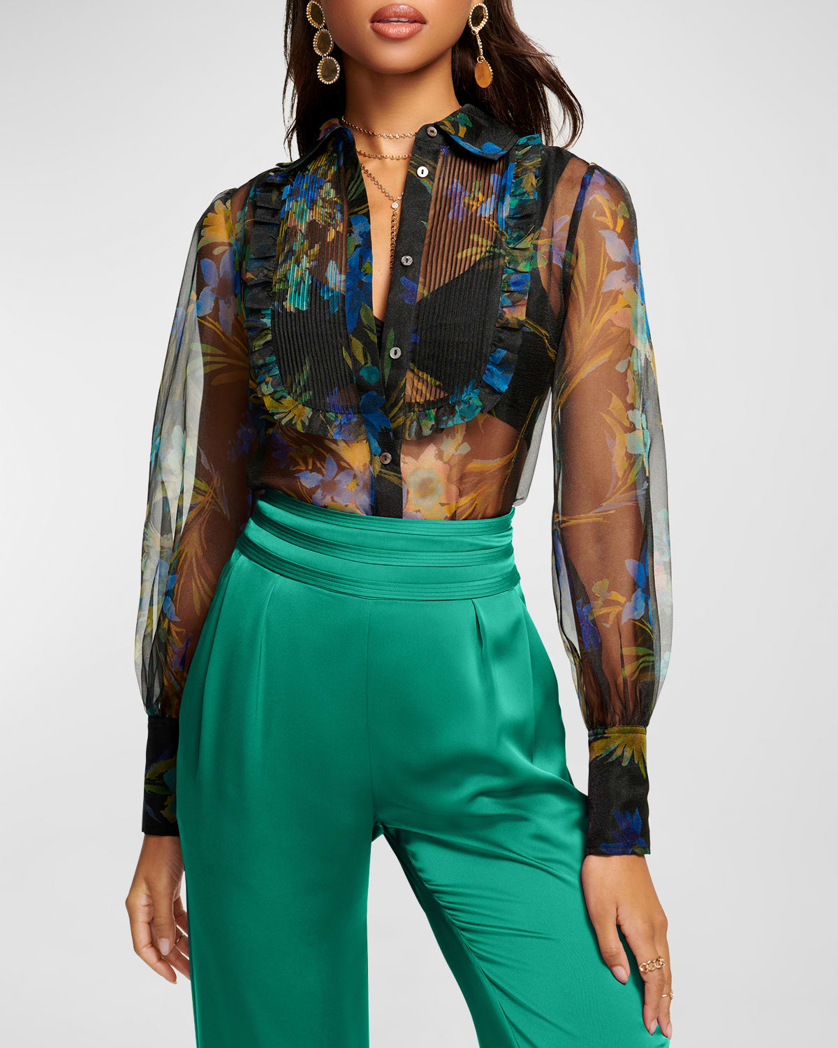 L'Agence Heart Laurent Sheer Button-Front Blouse | Neiman Marcus