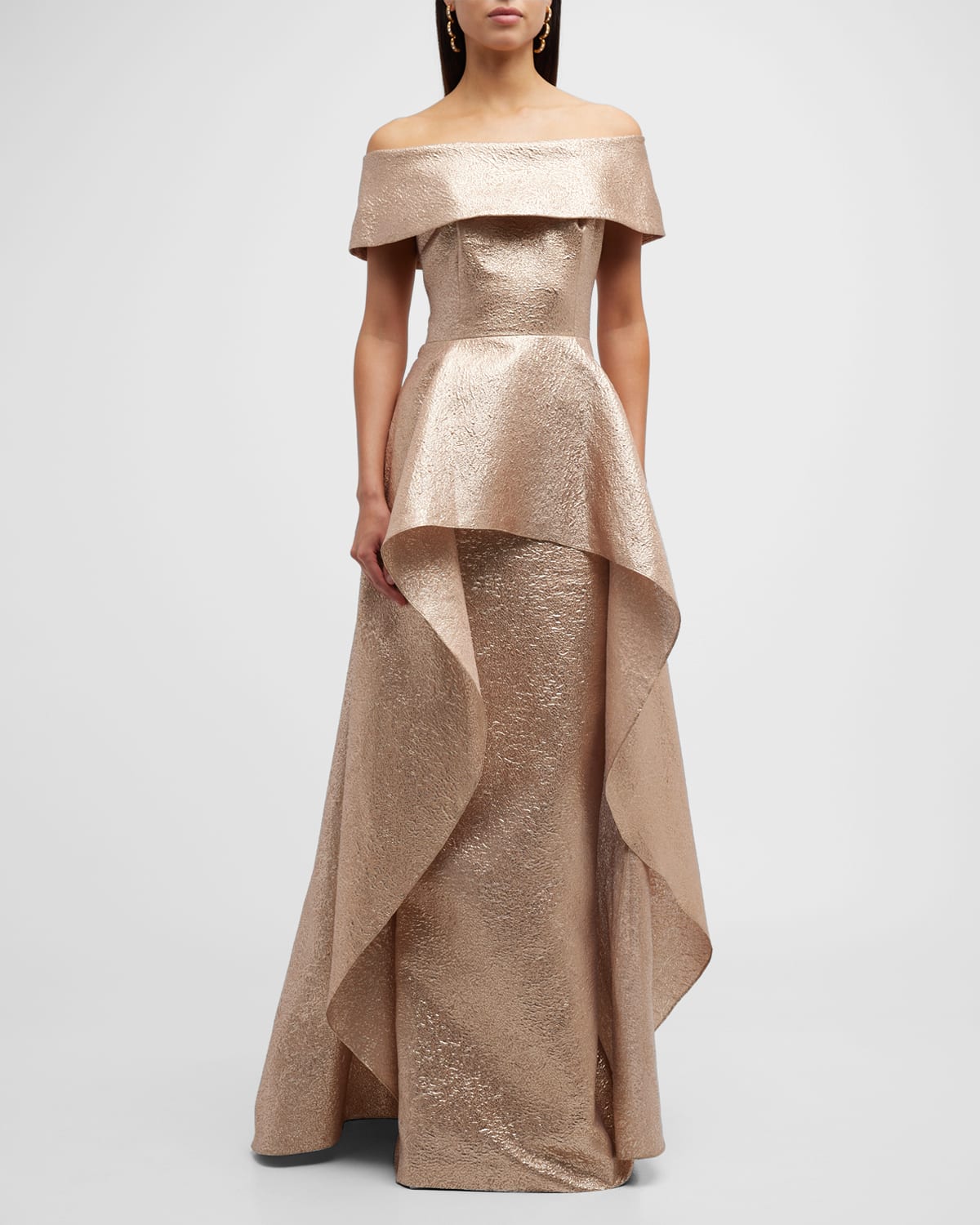 Rickie Freeman for Teri Jon Off-Shoulder Pleated Jacquard Gown | Neiman ...